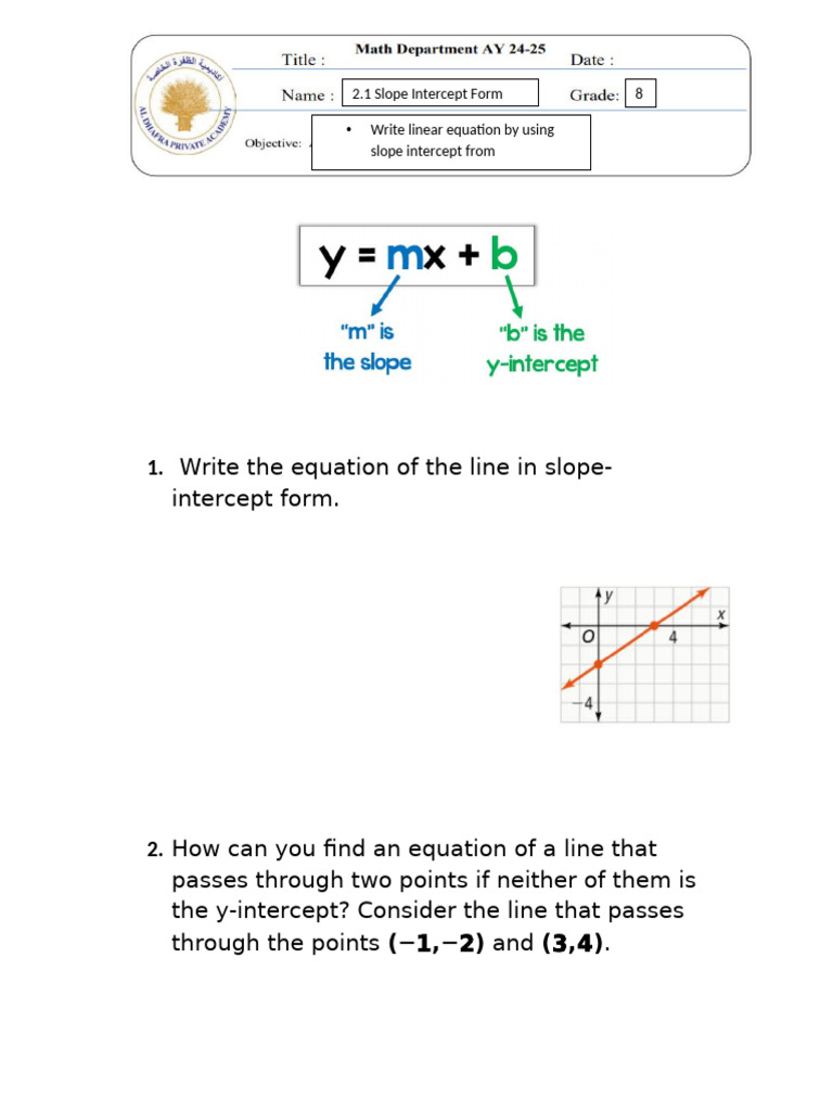 2.1 Slope Intercept Form Week5 Part2 | PDF