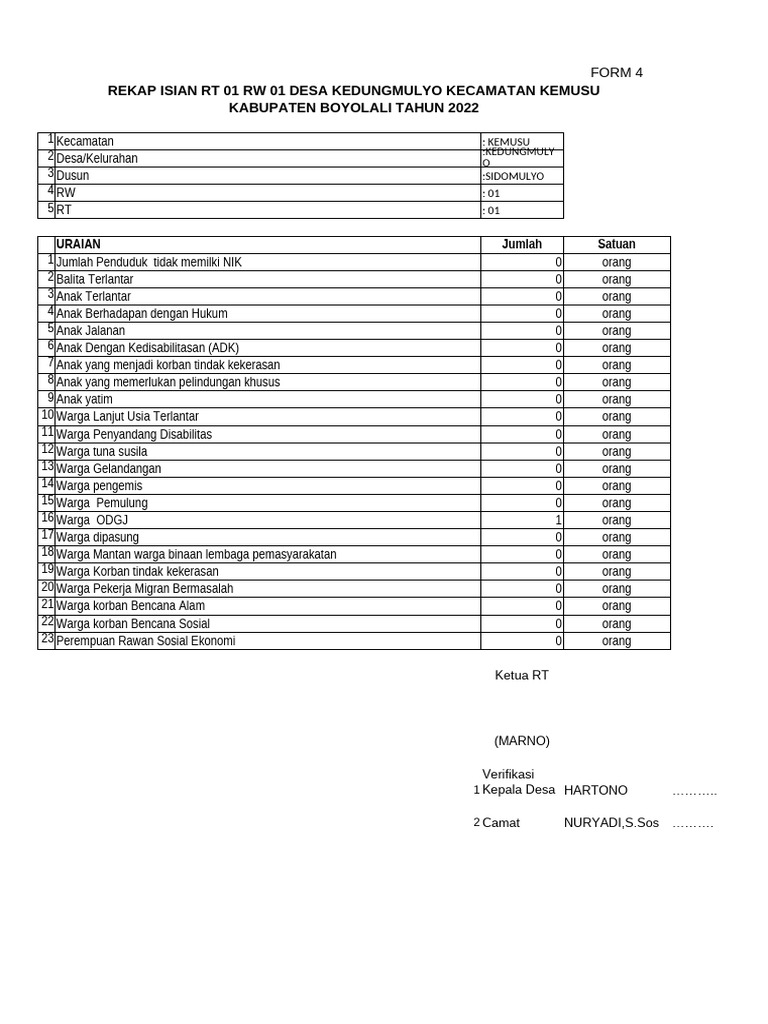 Form 4. Rekap Isian Rt Rw | PDF