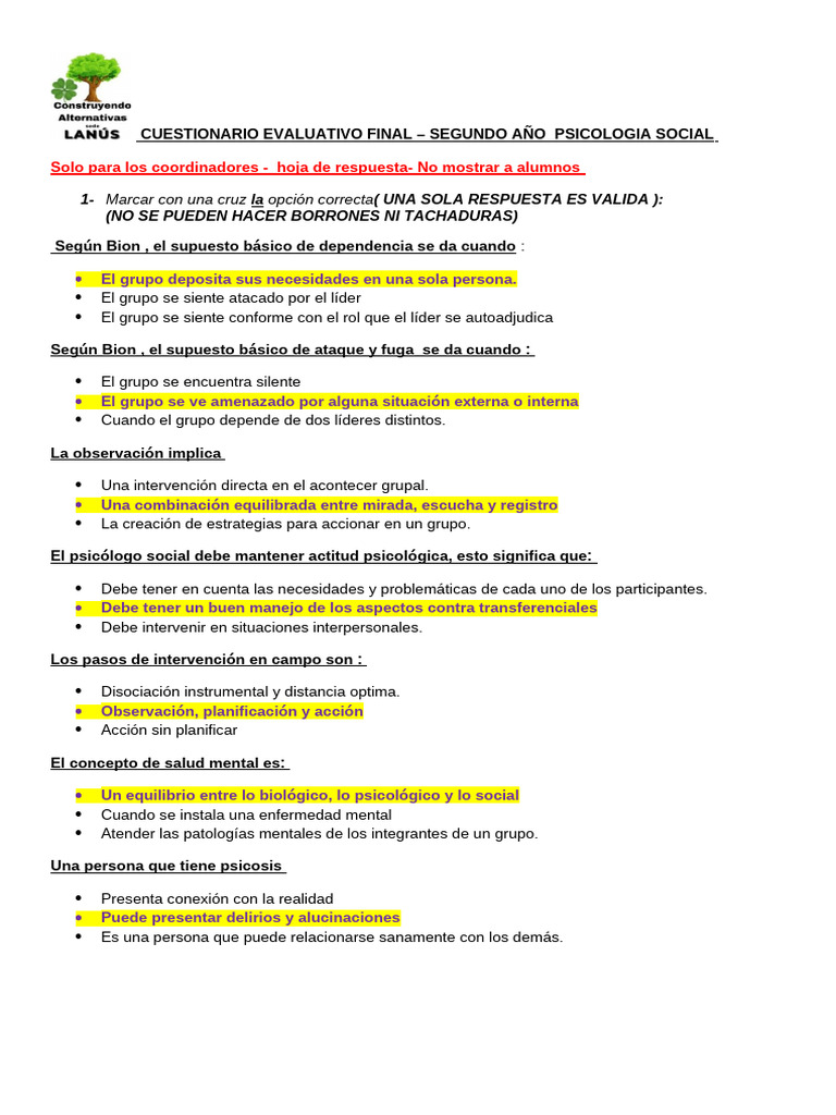 Evaluacion Final PS Segundo Año - para Coordinadores | PDF | Psicología Social | Sicología
