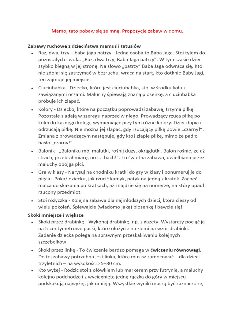 Mamo Tato Pobaw Sie Ze Mna. Propozycje Zabaw W Domu. | PDF