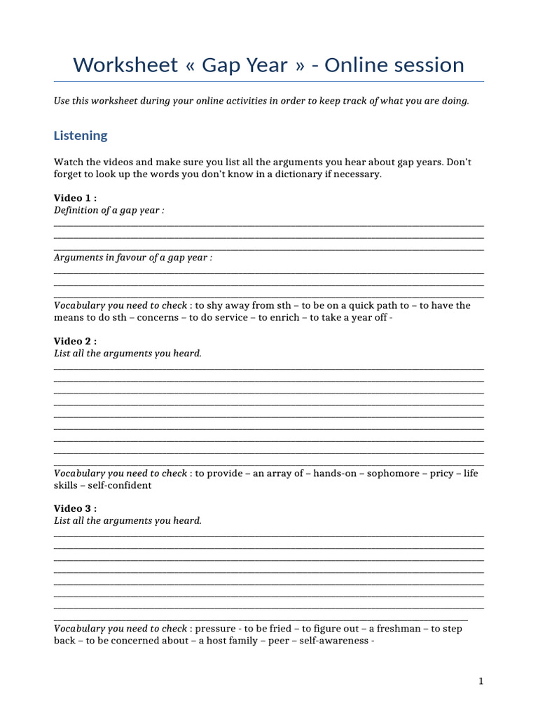 Worksheet « Gap Year »-online (1) | PDF | Vocabulary | Lexicology