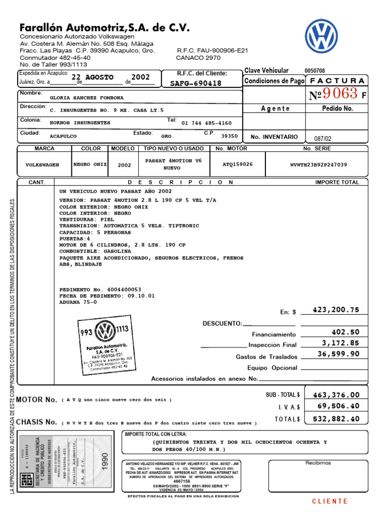 Factura Volkswagen Passat 2002 7039 (3697) Revivida | PDF | Industria automotriz | Estilos de ...