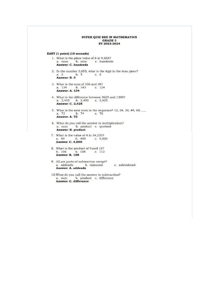 Math Quiz Bee Grade 3 | PDF