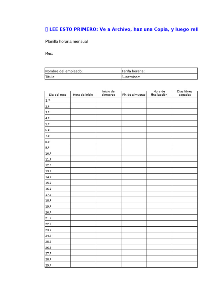 Planilla Horaria Mensual | PDF