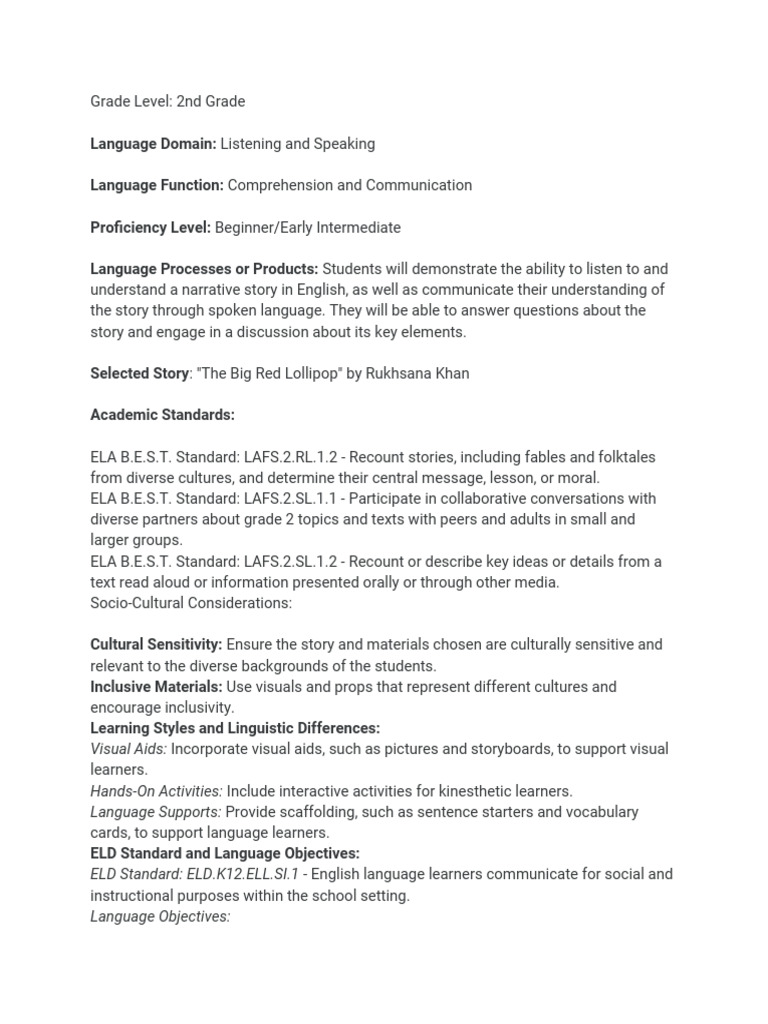 ELA ESOL Lesson Plan | PDF | Reading Comprehension | Vocabulary