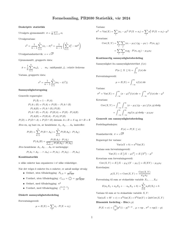 Statistikk Formelark | PDF