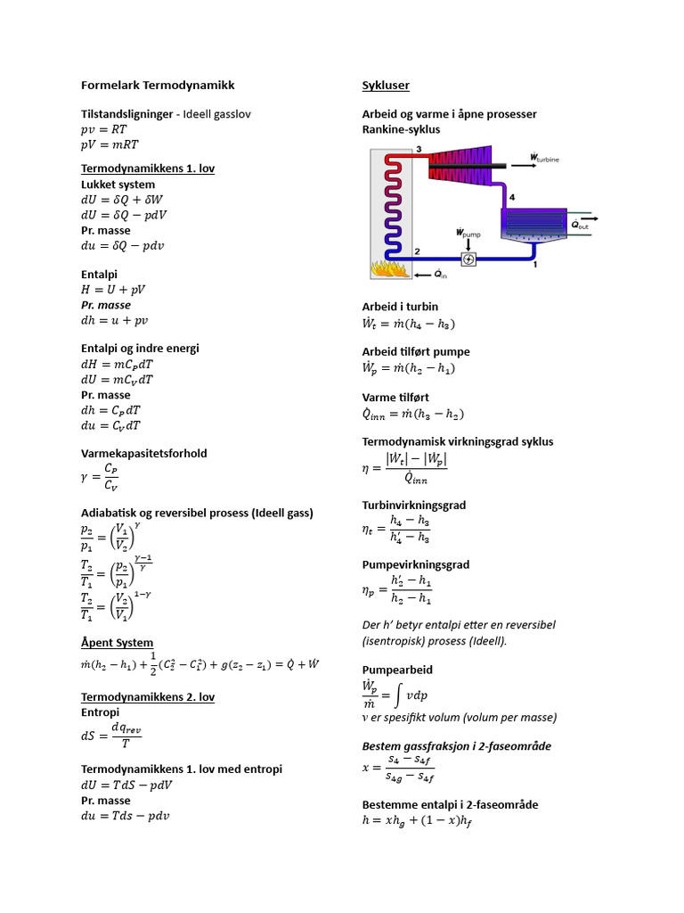 Termofysikk-Fluidmekanikk Formelark | PDF