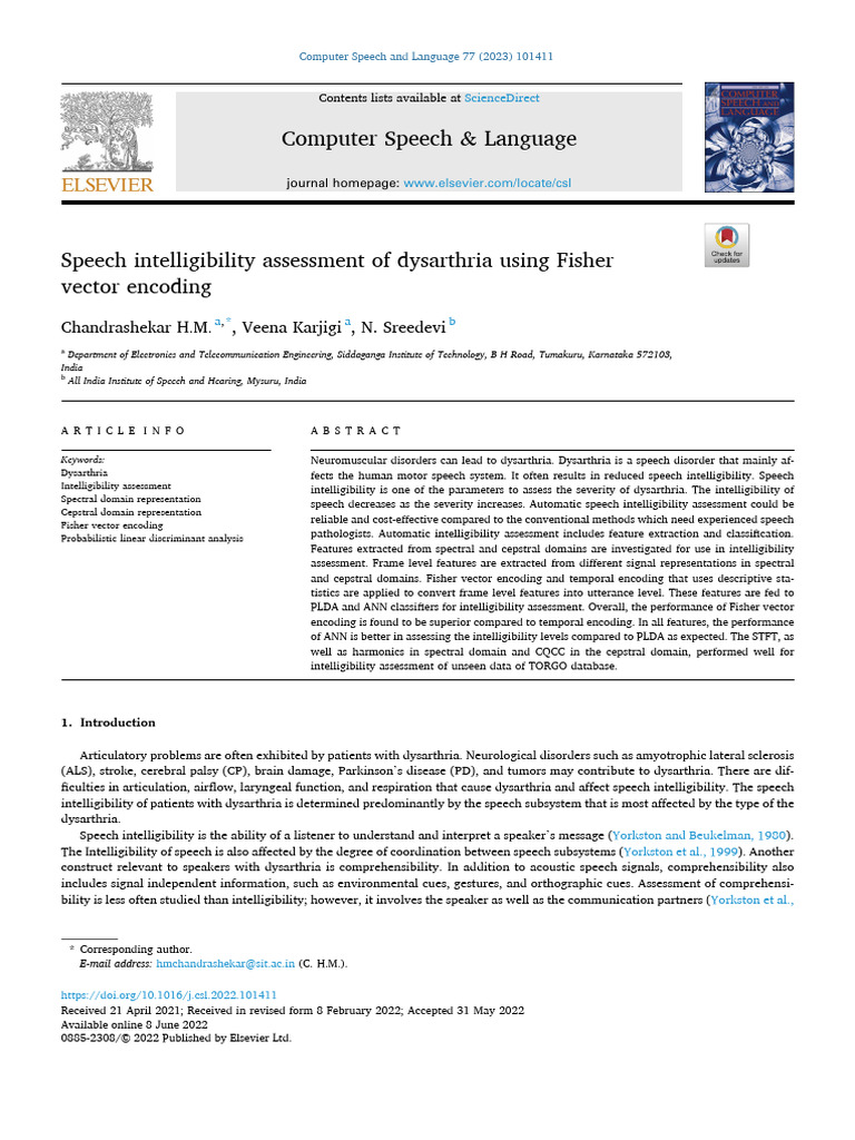 Speech intelligibility assessment of dysarthria using Fisher vector encoding | PDF | Statistical ...
