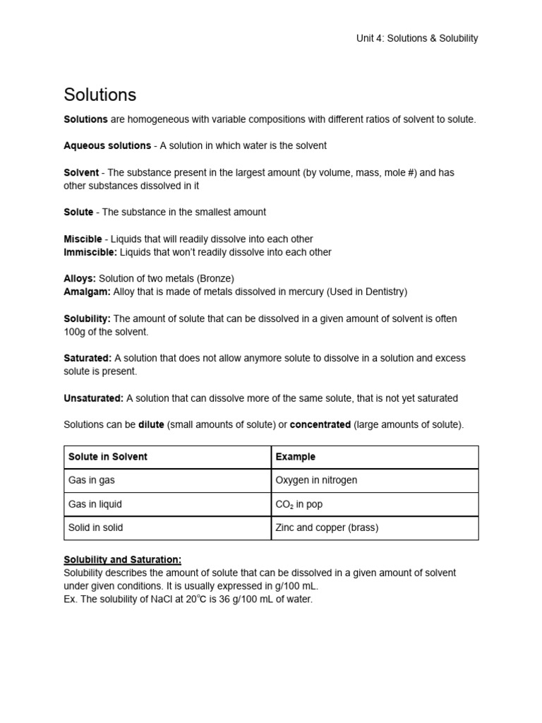 Chem Notes Unit 4_ Solutions & Solubility | PDF | Solubility ...