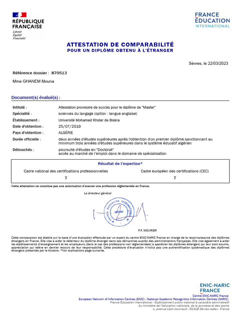 Attestation de comparabilité ENIC-NARIC | PDF