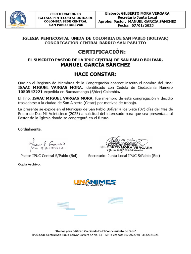 CERTIFICADOS DE RECOMENDACION IPUC CENTRAL 2025 | PDF