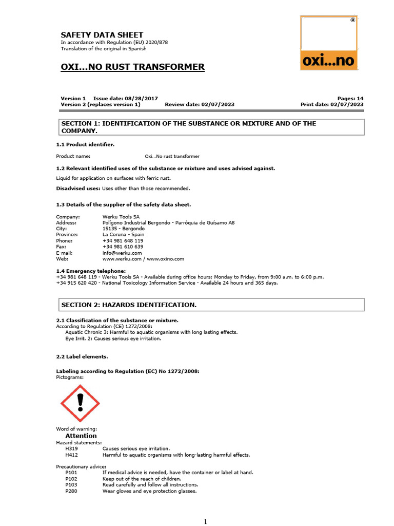 Oxino Rust Remover datasheet | PDF | Toxicity | Chemistry