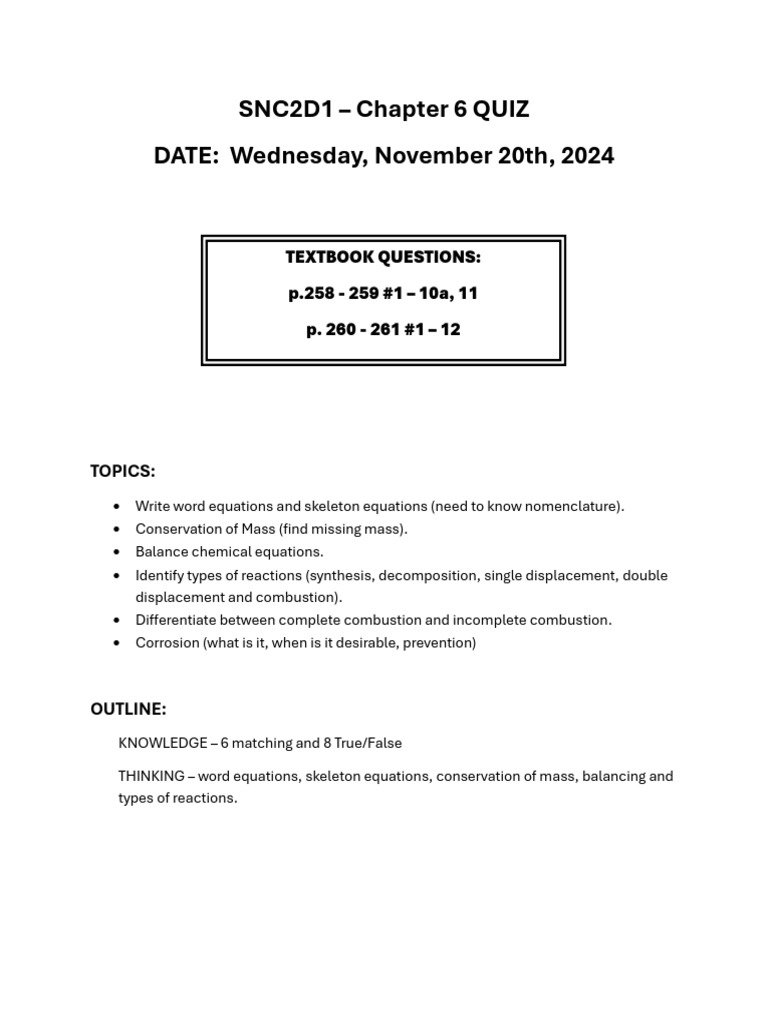 SNC2D1 Chapter 6 QUIZ Review Nov 2024 | PDF