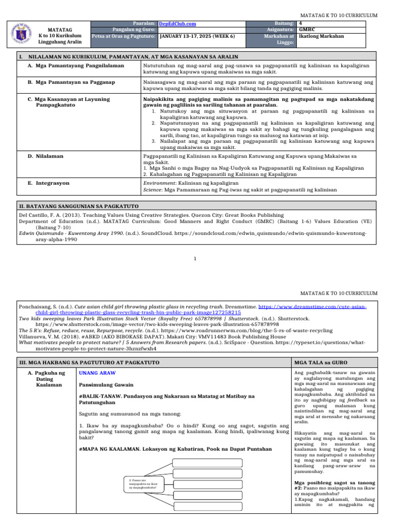 DLL Matatag - GMRC 4 Q3 W6 | PDF