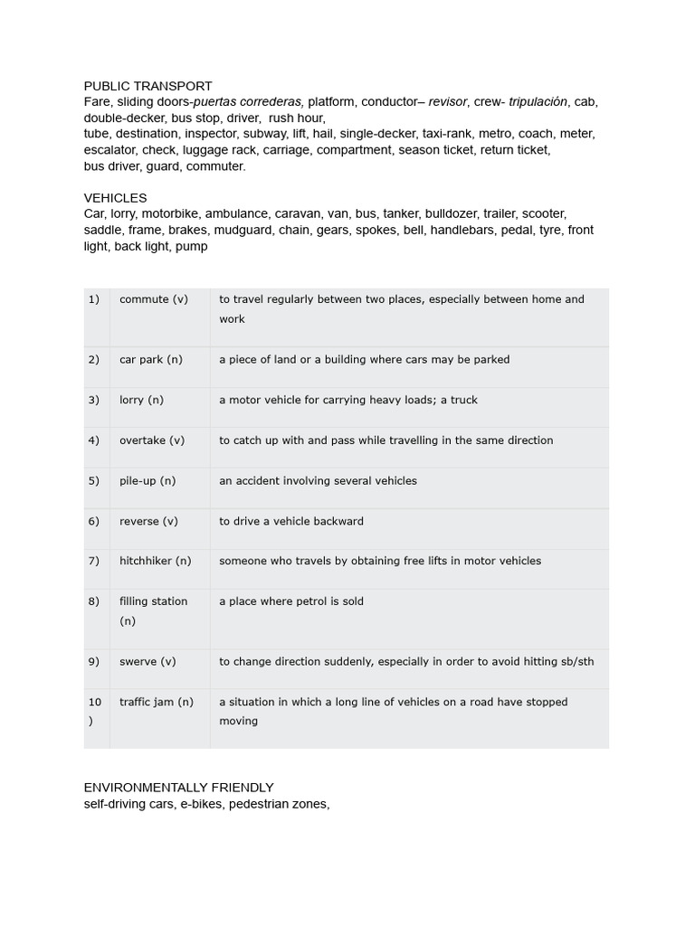 TRANSPORT Vocabulary | PDF