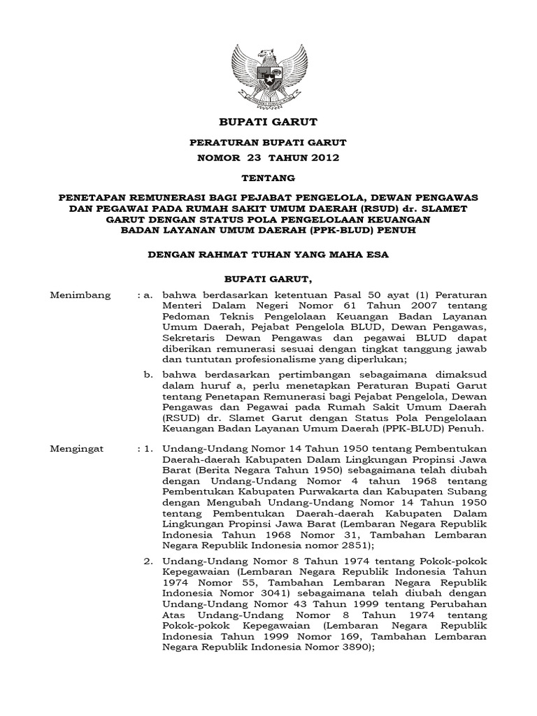 Perbup Nomor 23 Tahun 2012 TTG Remunerasi RSUD DR - Slamet | PDF