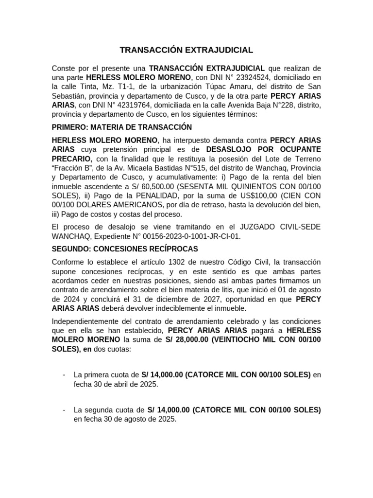 Transacción Extrajudicial Herless | PDF