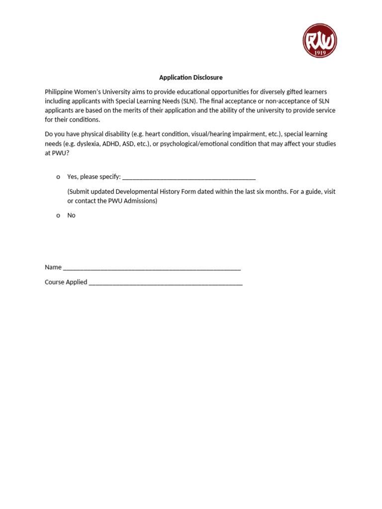 PWU Application Disclosure Form | PDF