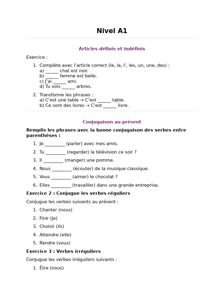 Exercices de conjugaison A1 | PDF | Verbe | Conjugaison
