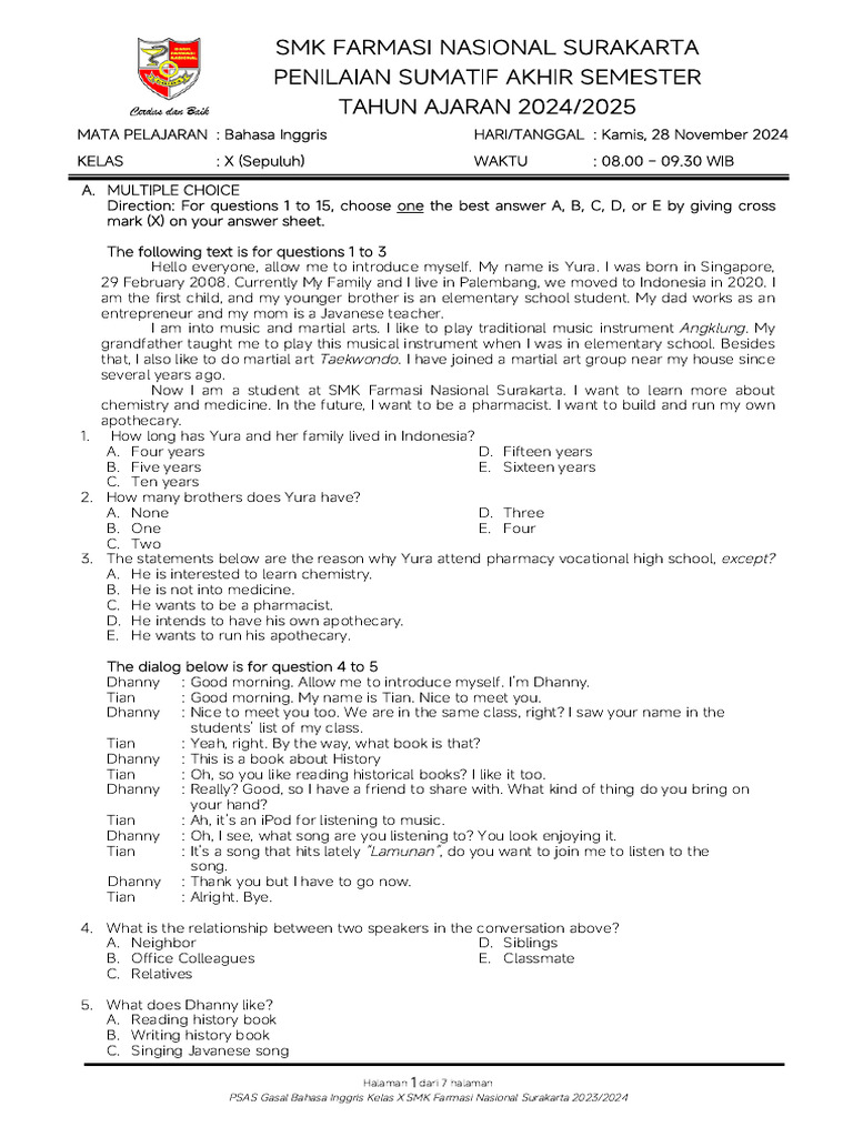 ENG X SOAL UJI TULIS PSAS GASAL 2024-2025 (1)-1 | PDF