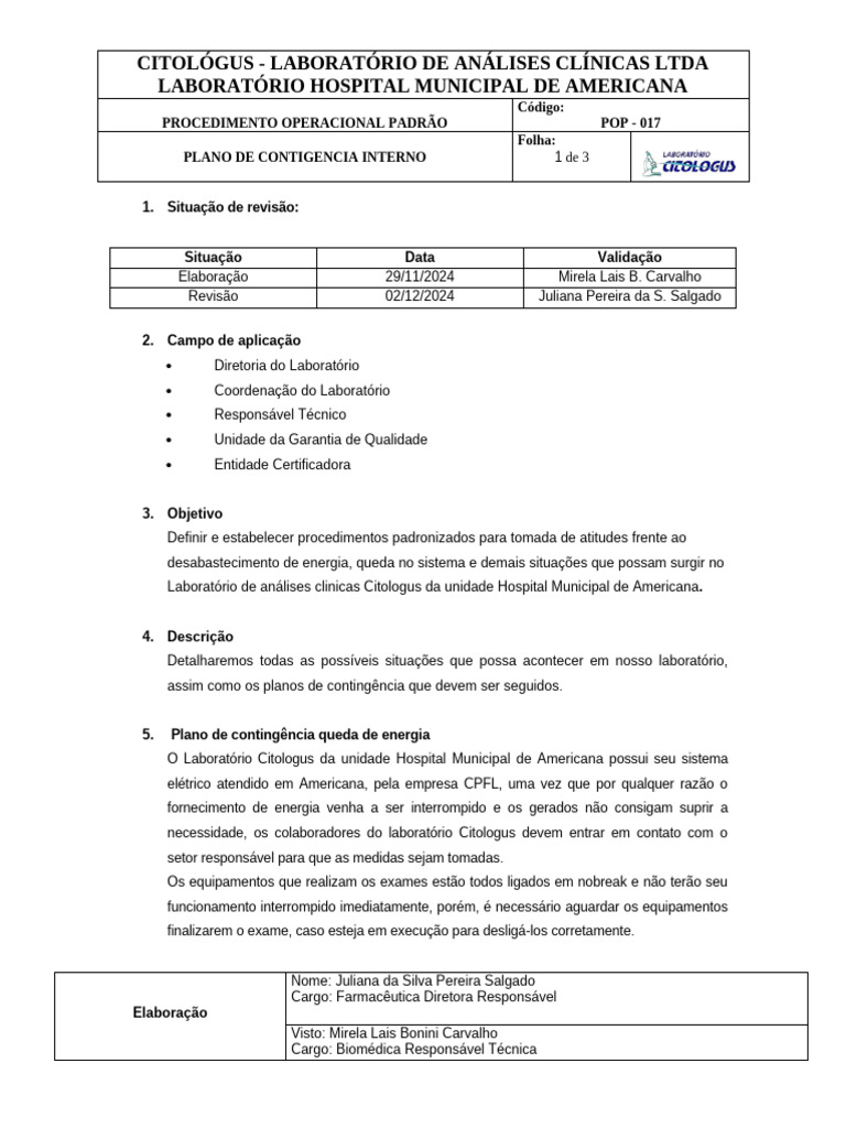 POP 017 - Plano de Contigencia Interno | PDF | Hospital