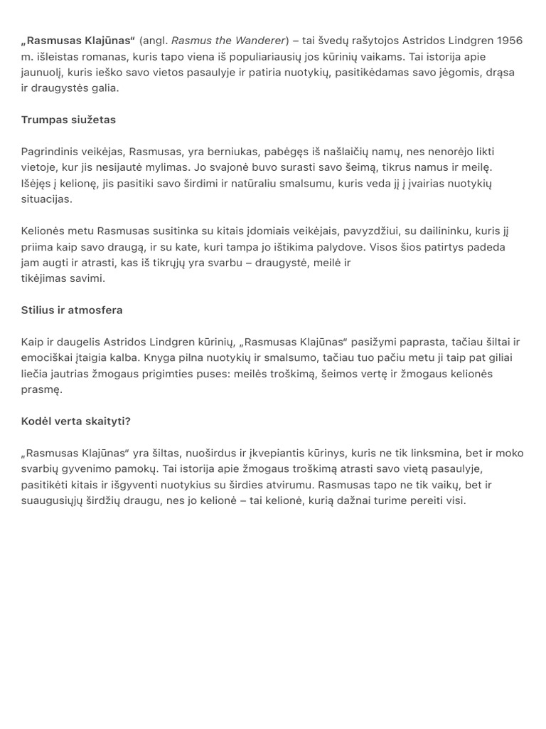 Rasmusas Klajūnas" Knygos Aprašymas | PDF