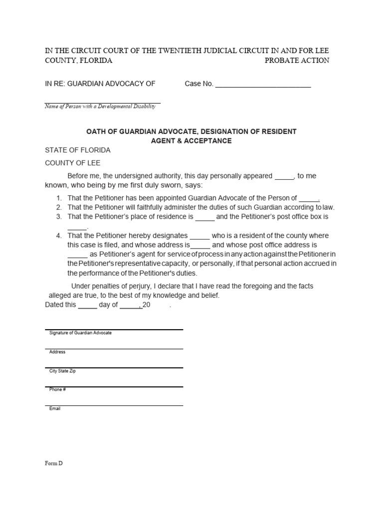 Oath of Guardian Advocate Designation of Resident Agent Acceptance Form ...