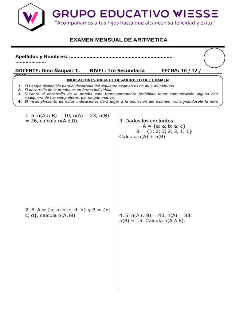 Examen Mensual de Aritmética 1ro Secundaria | PDF