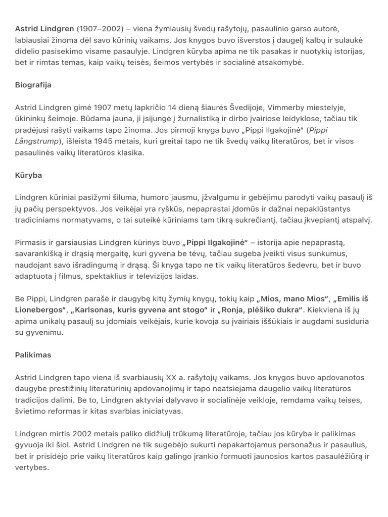 Astrid Lindgren Aprašymas | PDF