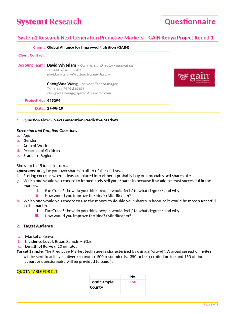 System1 Research Predictive Markets Questionnaire For GAIN Transform ...