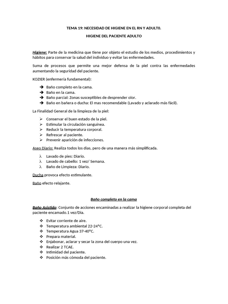 TEMA 19. Higiene Del Paciente | PDF | Higiene