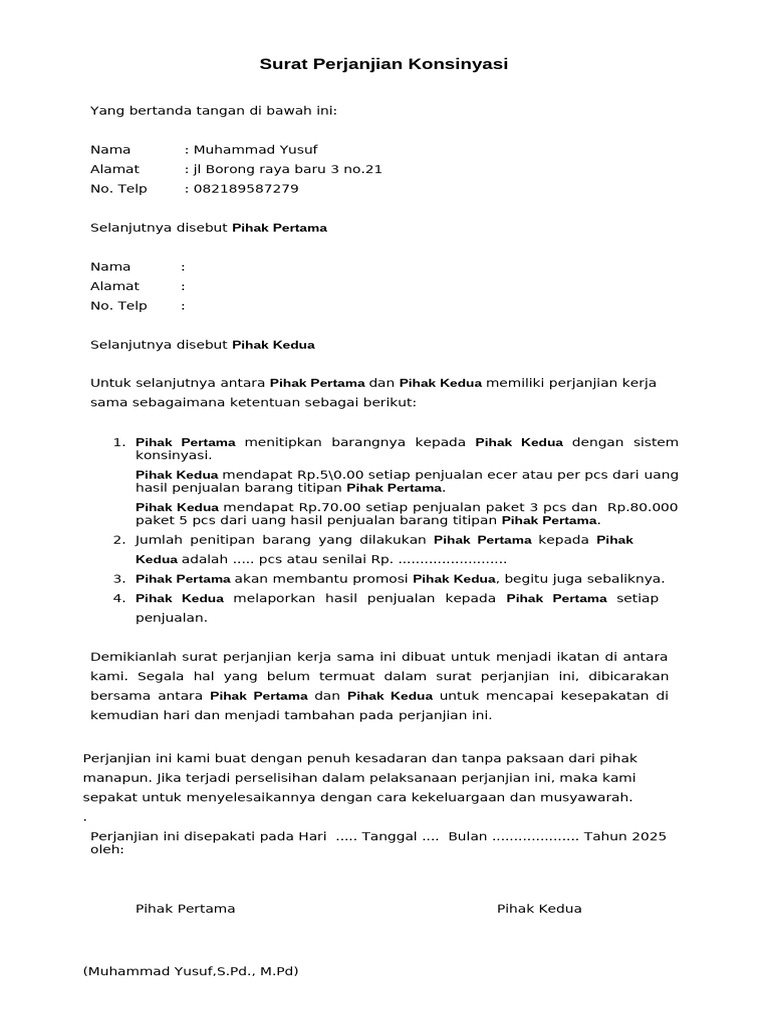 Contoh Surat Perjanjian Konsinyasi | PDF