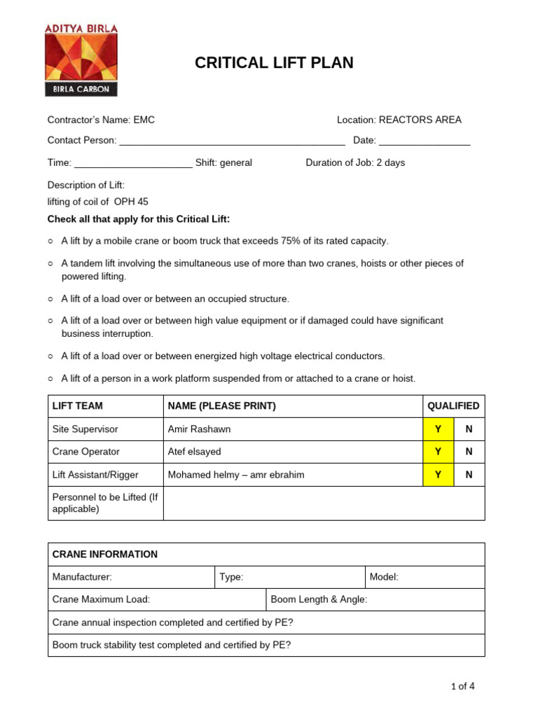 2 Appendix A - Critical Lift Plan | PDF | Crane (Machine) | Electrical ...