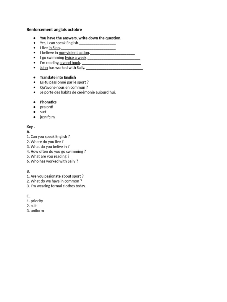 Renforcement Anglais Octobre | PDF