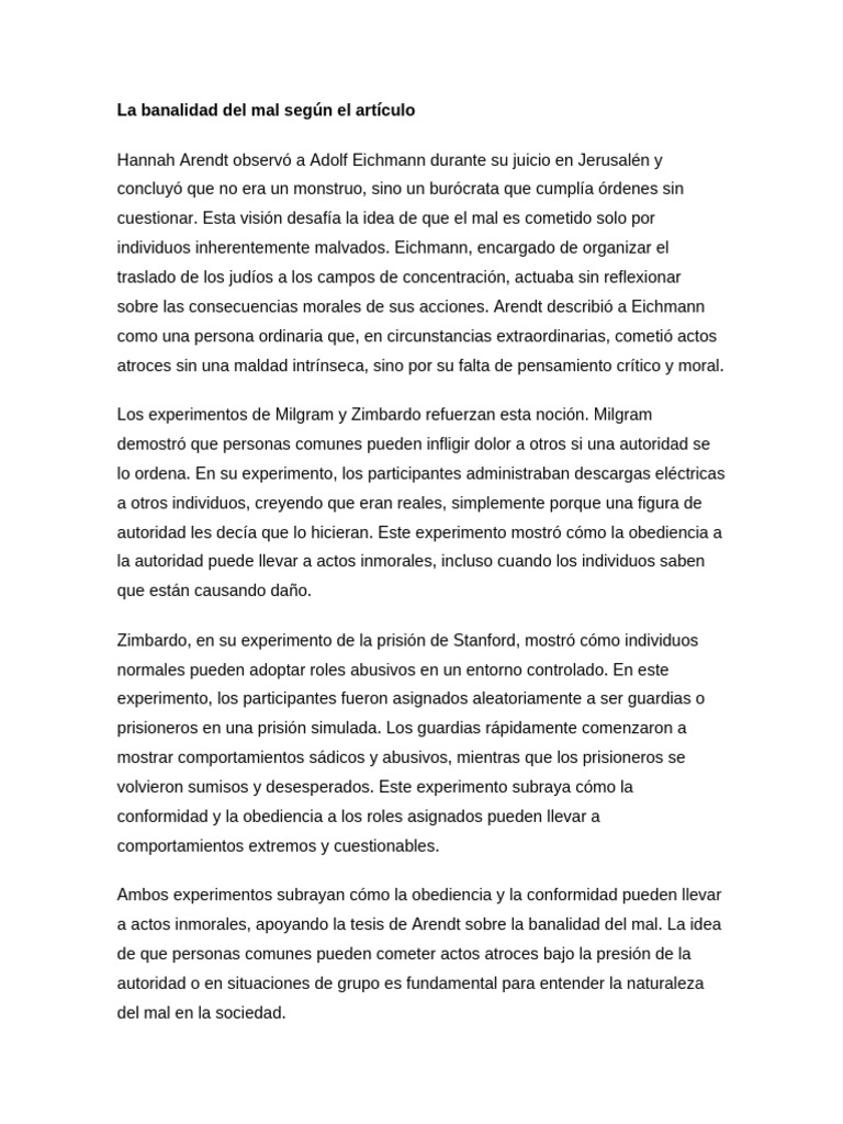 La Banalidad Del Mal | PDF | Mal | Hannah Arendt