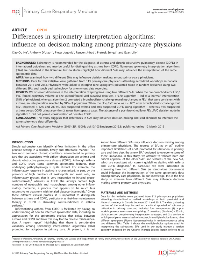 Differences in spirometry interpretation algorithms | PDF | Asthma | Chronic Obstructive ...