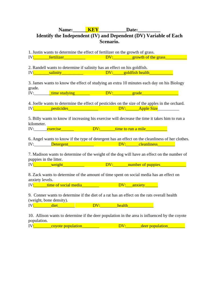 IV and DV Scenarios KEY | PDF