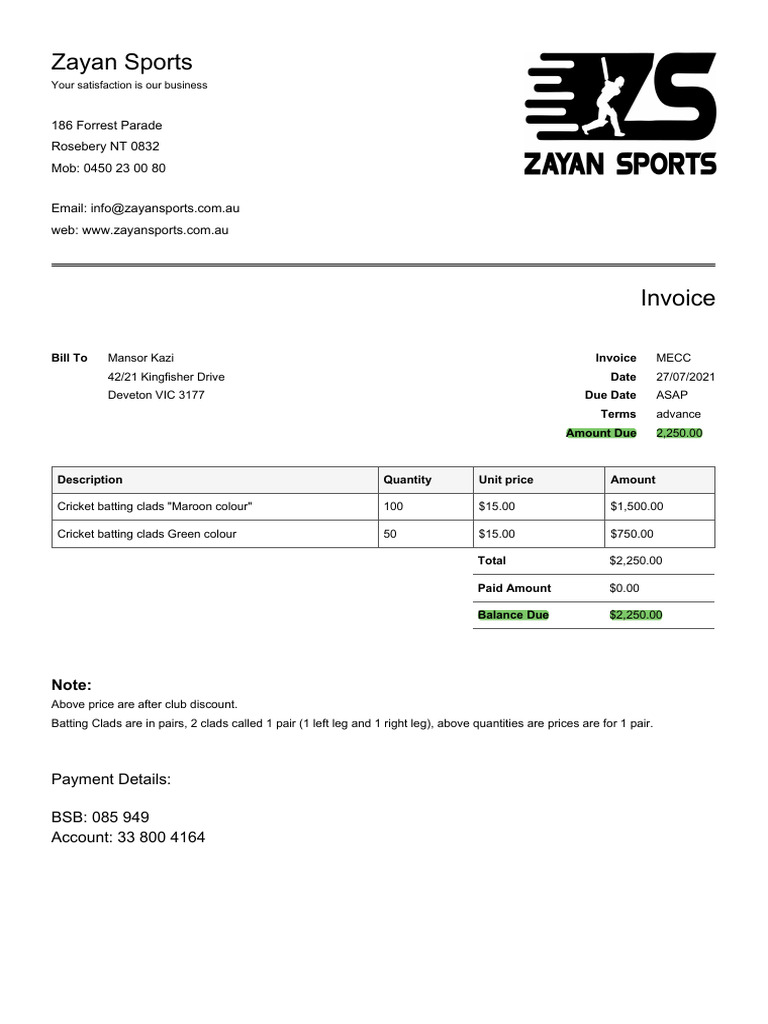 Invoice for Cricket Batting Clads | PDF