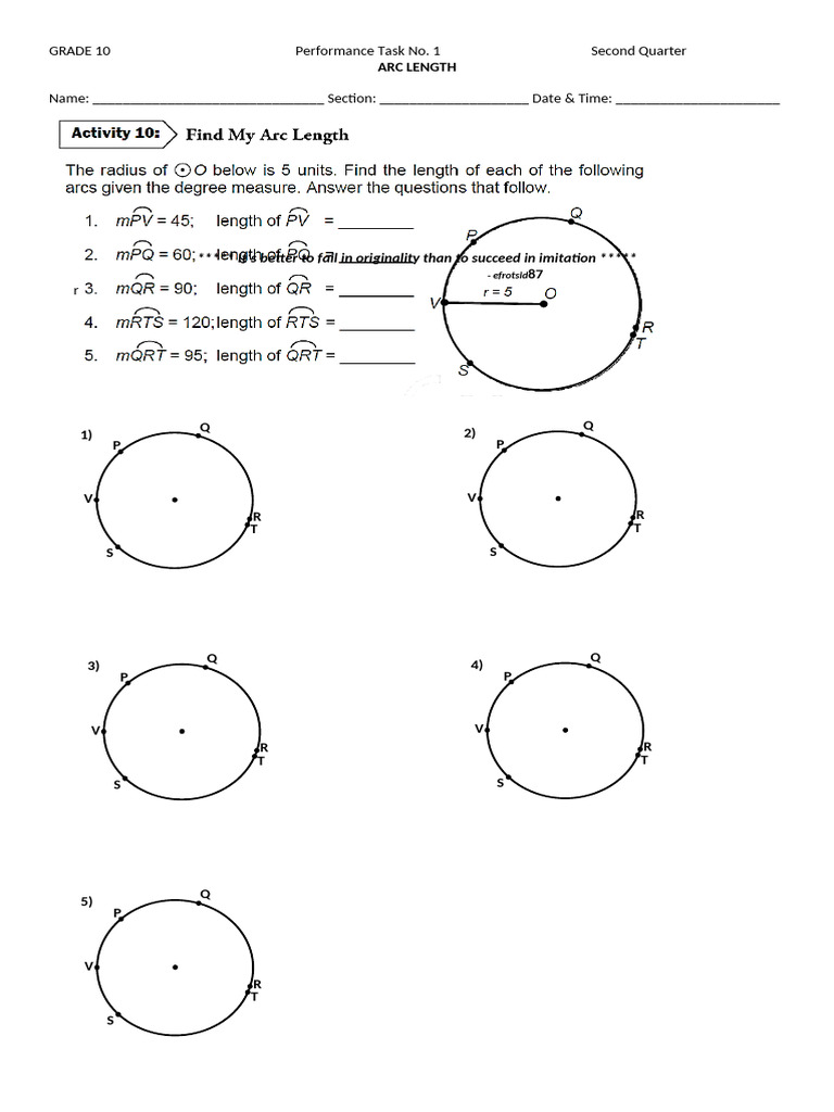 Performance Task NO.3 - Q2 Grade 10 - ARC LENGTH | PDF