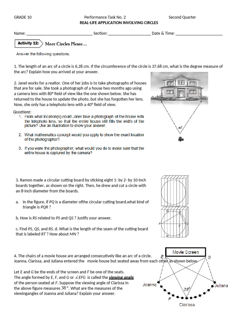 Performance Task NO.4 - Q2 Grade 10 - APPLICATION OF CIRCLE | PDF | Circle | Angle