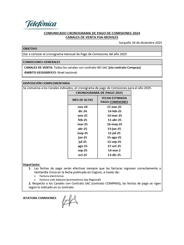 Comunicado Cronograma de Pago de Comisiones 2025 | PDF
