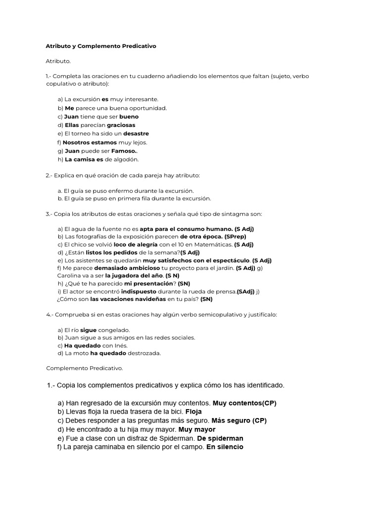 Atributo y Complemento predicativo_ejercicios | PDF | Gramática | Sintaxis