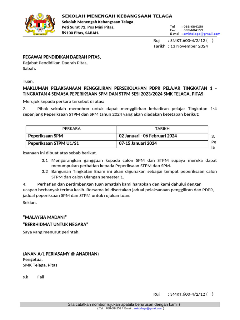 Surat Makluman PPD Pitas | PDF