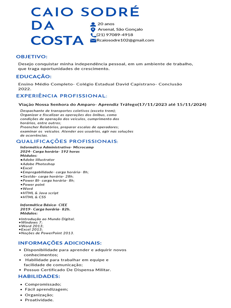 Currículo Caio Sodré (filho pantera) | PDF