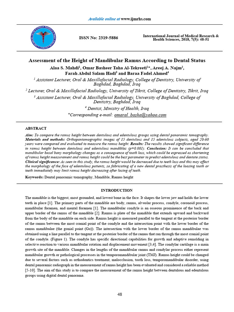 Assessment of The Height of Mandibular Ramus According To Dental Status ...