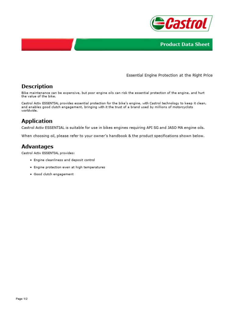 Castrol Activ Essential 10W-30 | PDF | Motor Oil