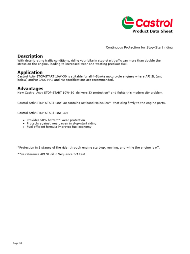 Castrol Activ Stop Start 10W-30 | PDF | Viscosity