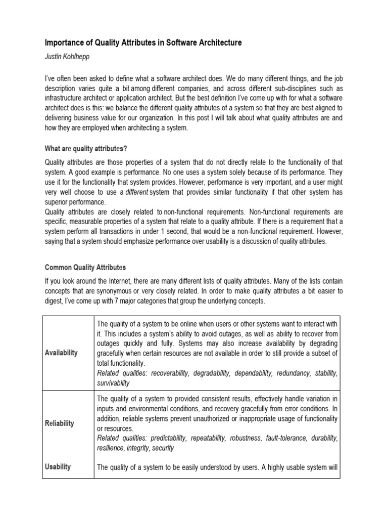 Lectura Importance of Quality Attributes in Software Architecture | PDF ...