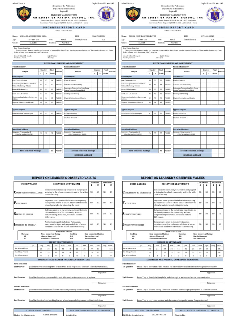 Report Card (11 Ict Napier) (First Semester | PDF | Faith | Science