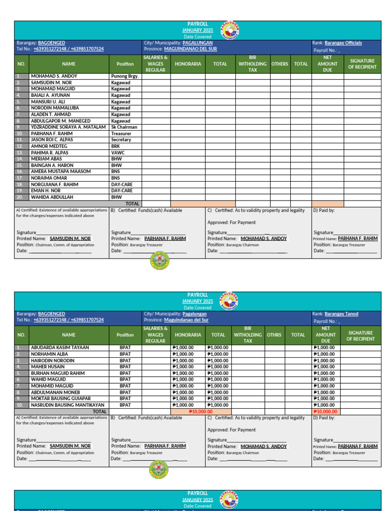 January 2025 Barangay Payroll Summary | PDF | Payroll Tax | Payroll
